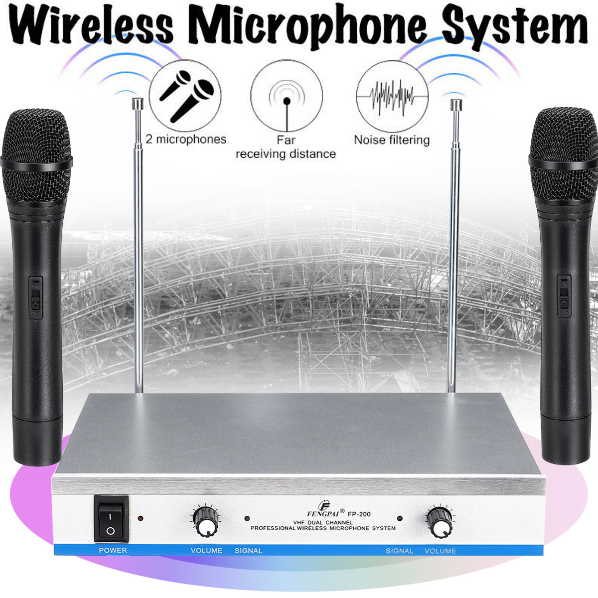 Professional 2 Channel 2 Cordless Handheld Mic UHF Wireless Microphone ...